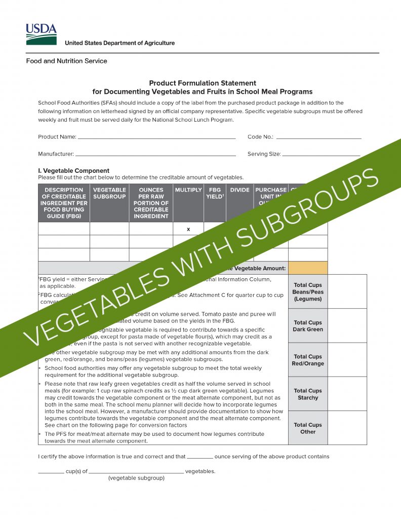 USDA Product Formulation Statement Template for Vegetables with ...