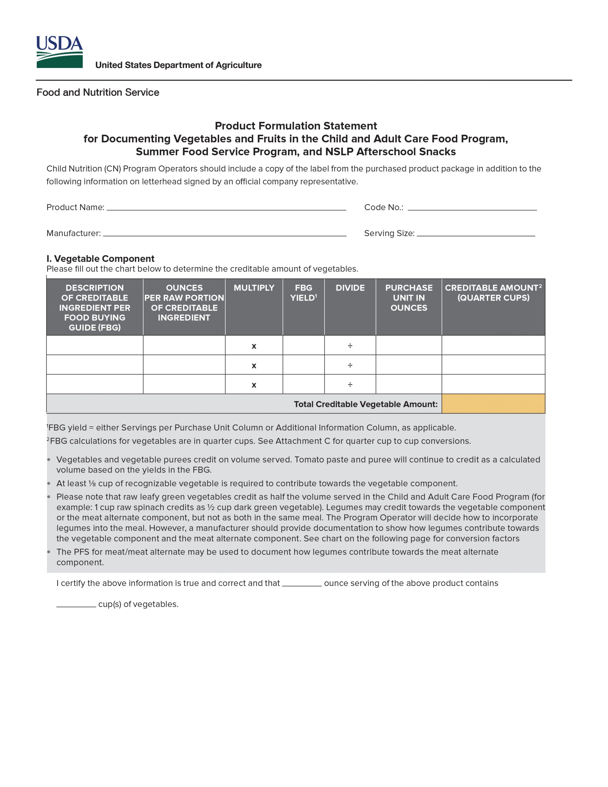 USDA Product Formulation Statement Template for Total Vegetables/Fruit ...