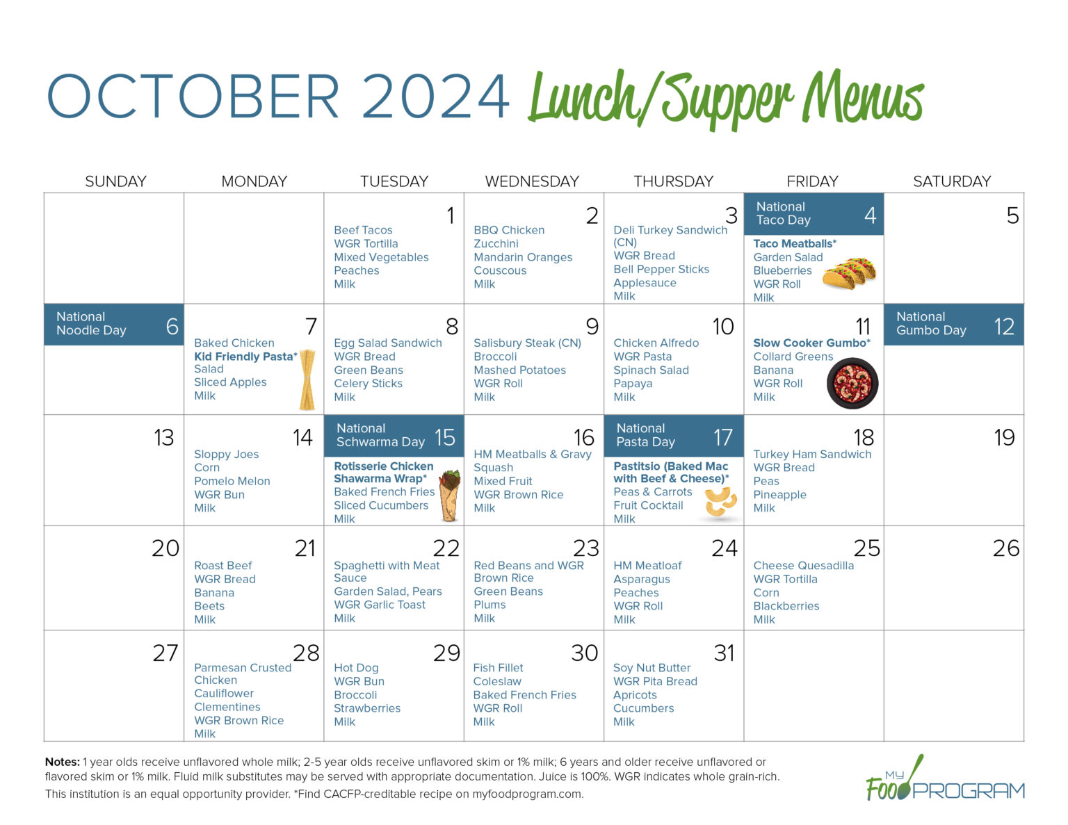 October 2024 Menus & Recipes | My Food Program